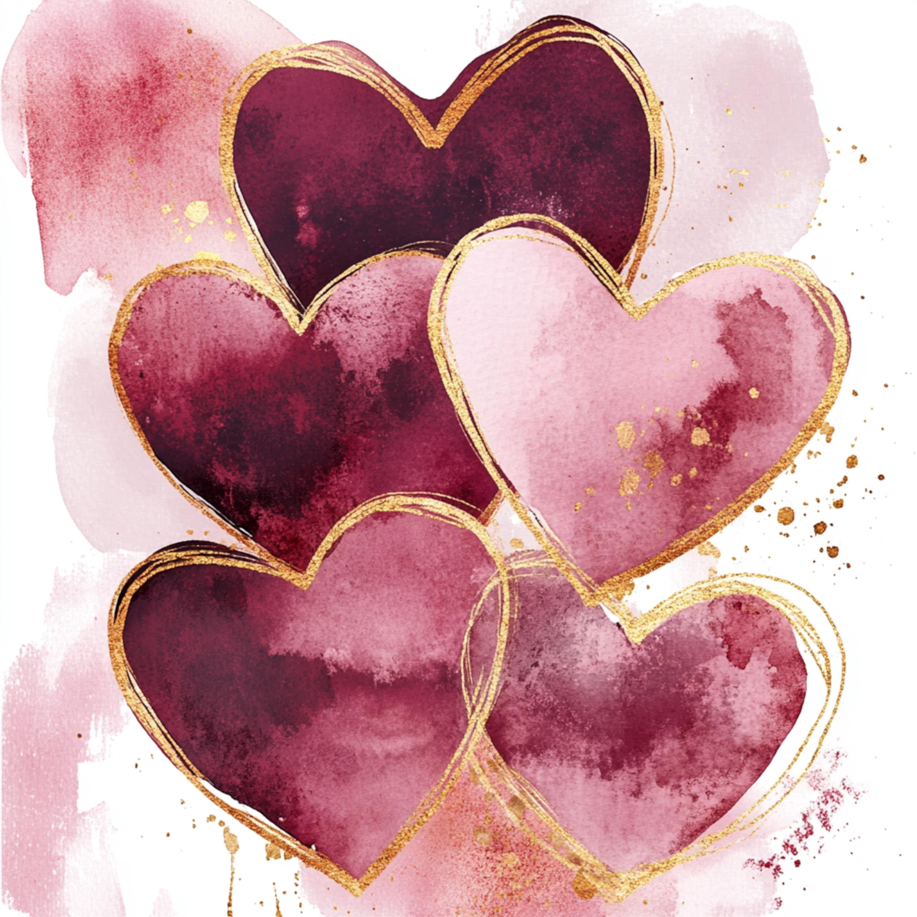Printable Burgundy and Gold Hearts, Watercolor Burgundy Gold Hearts ...