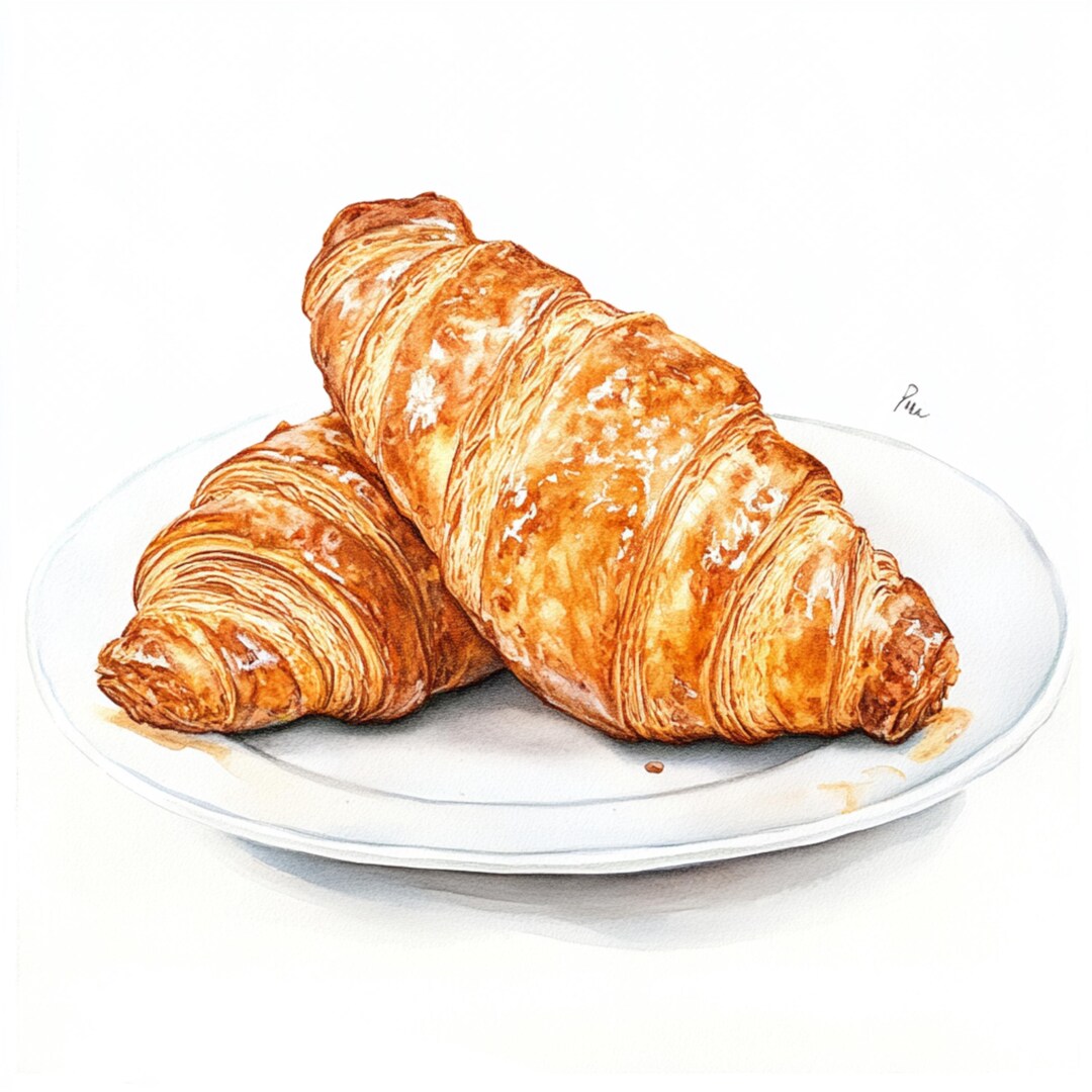 Printable Croissant Art, Watercolor Images, Croissants on Plate ...