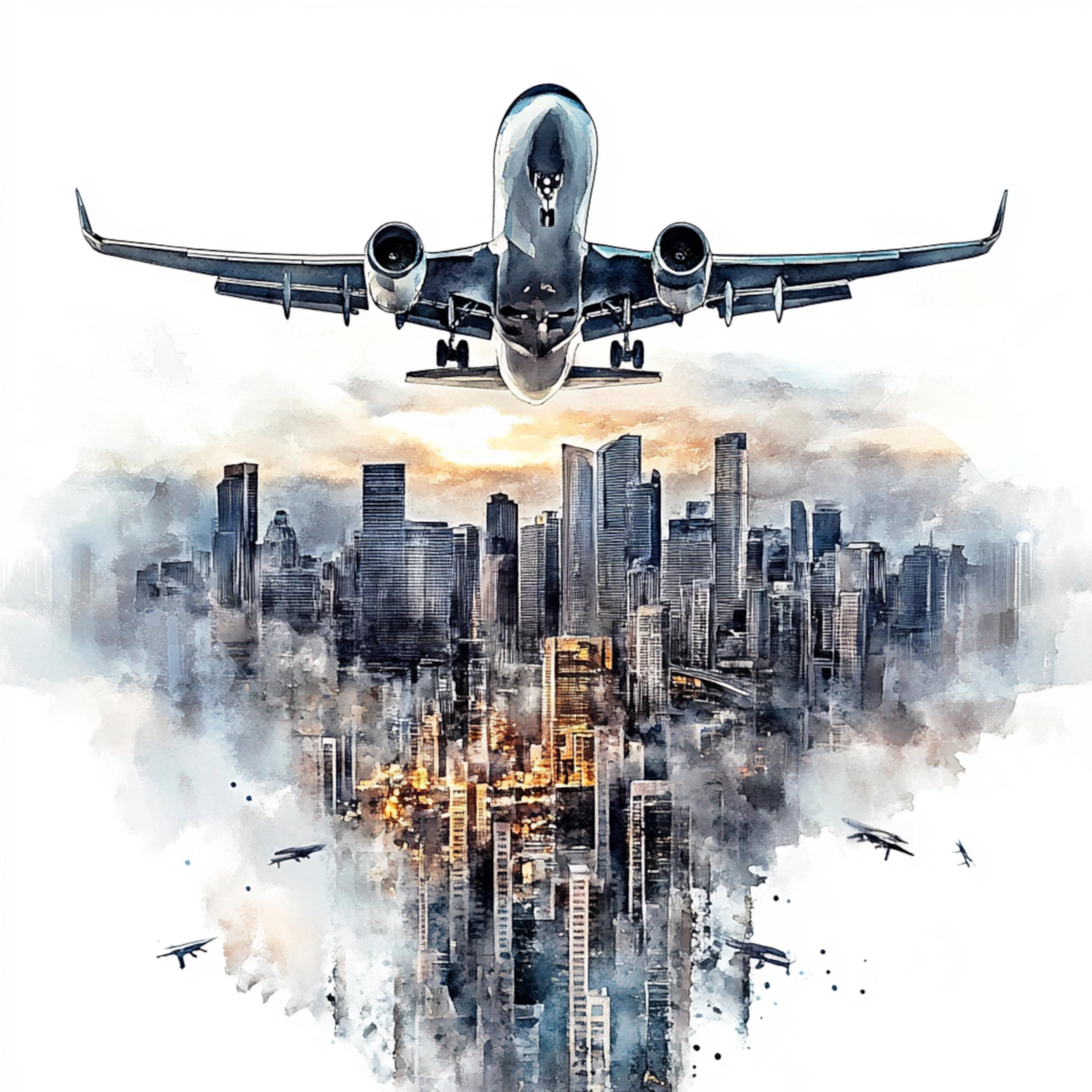 10 Printable Modern Airplane, Airplane Prints, Airplane Above the City ...