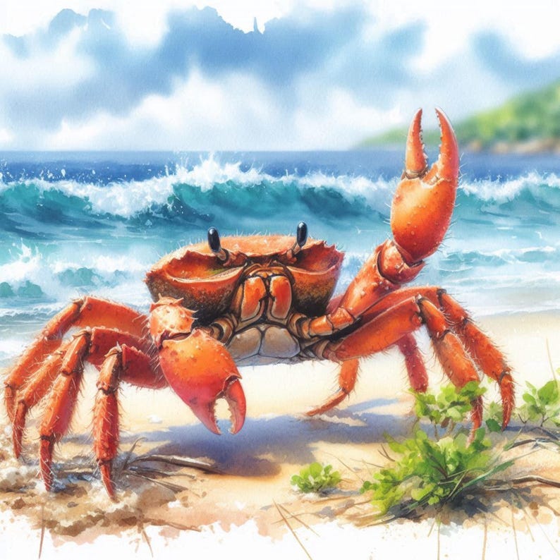 10 Printable Crab on Beach, Crab Watercolor, Nautical Clip Art ...