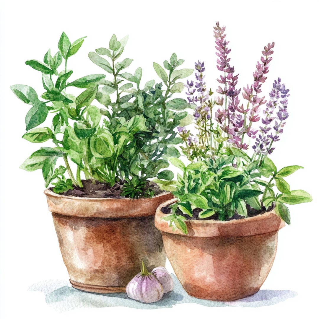10 Printable Herbs in Pot Decor, Watercolor Images, Herbs in Pot Clip ...