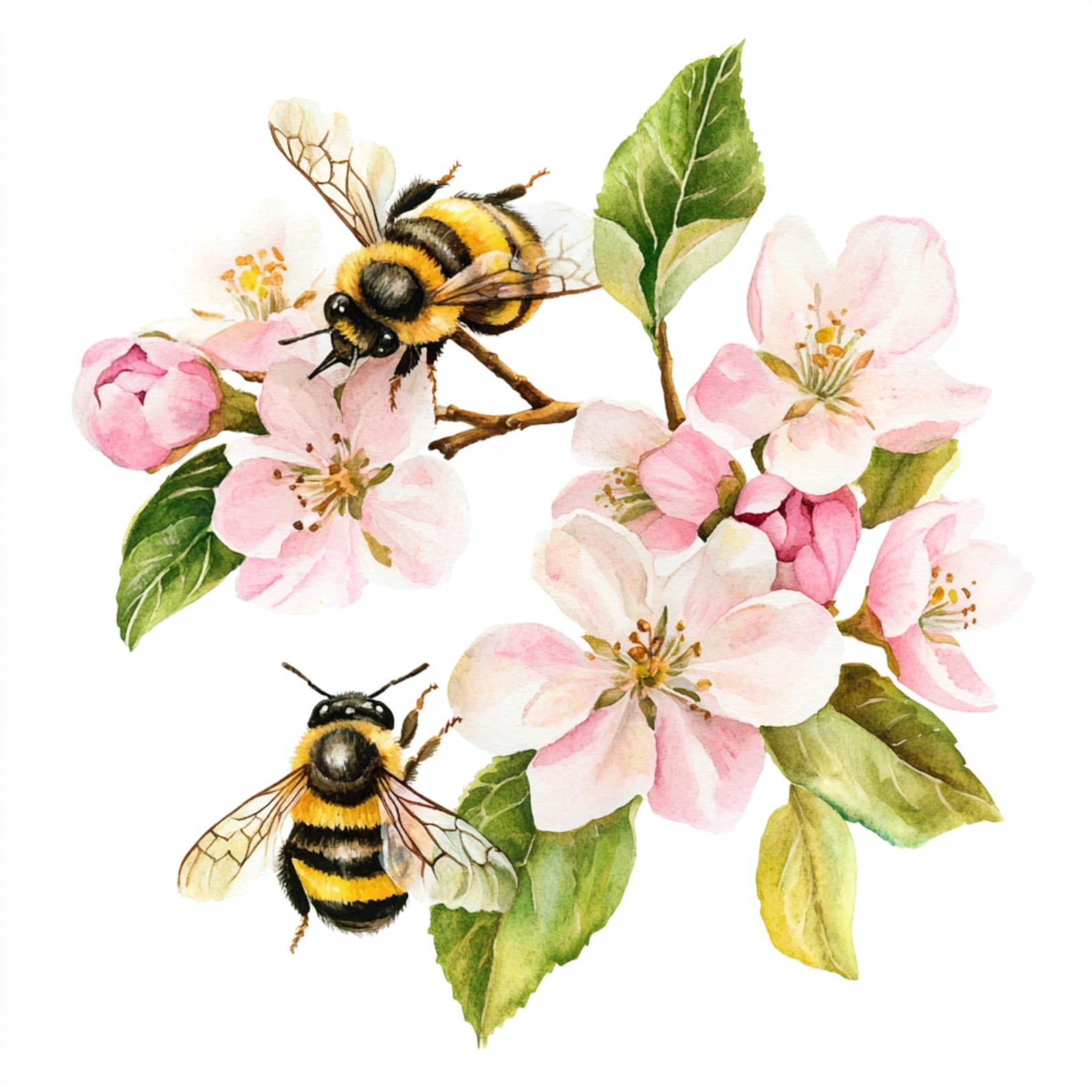 8 Printable Bees on Apple Blossom Branch, Flafy Bee on Flower, Insects ...