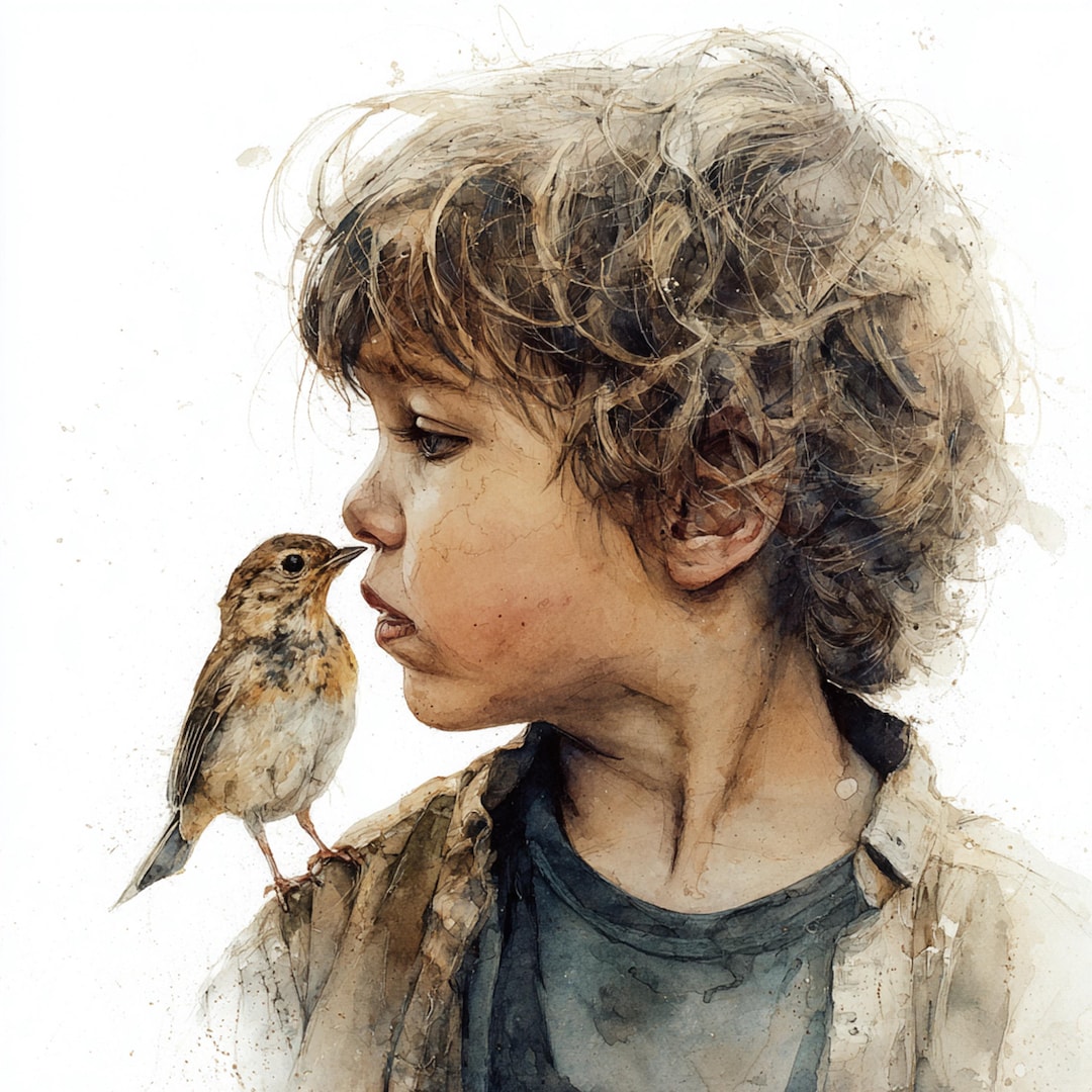 10 Printable Boy With Bird, Watercolor Littile Boy, Paper Design ...