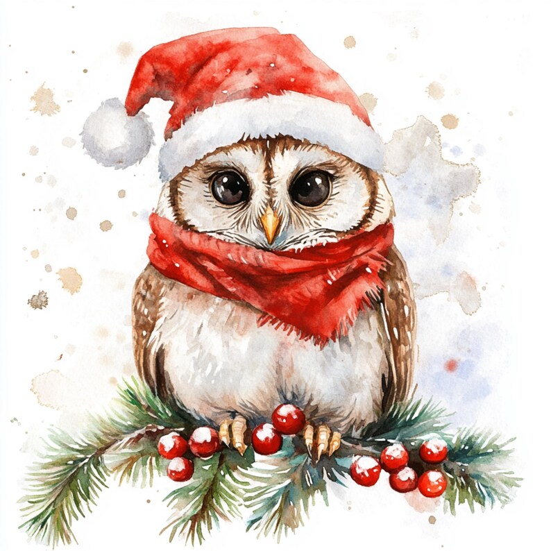 Printable Cute Owl Clipart, Watercolor Art, Santa Owl, Printable JPG ...