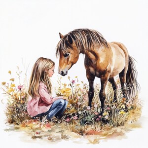 Printable Little Girl and Horse, Watercolor Girl and Ponny Art ...