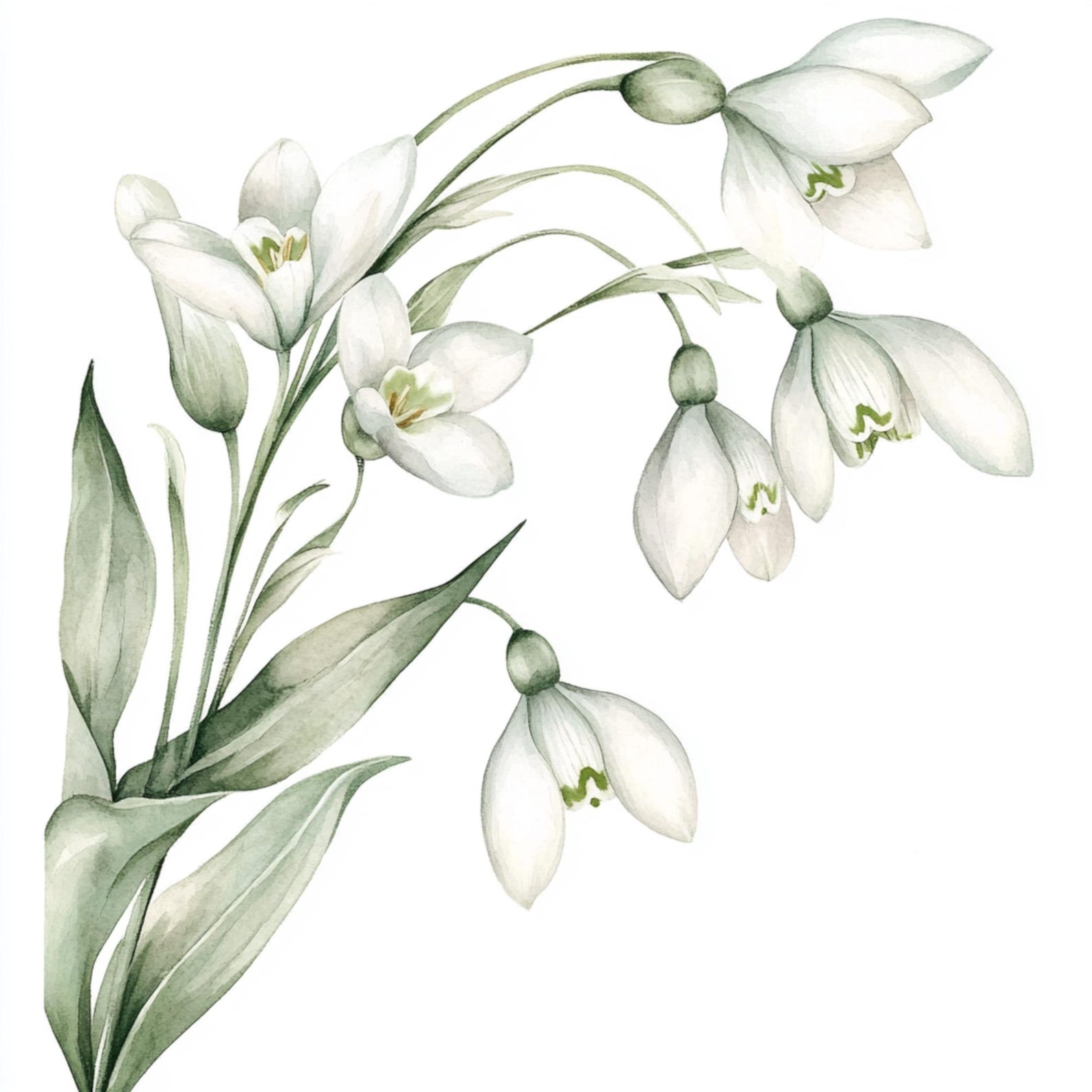 10 Printable Snowdrops Corner, Watercolor White Flowers, Snowdrops ...