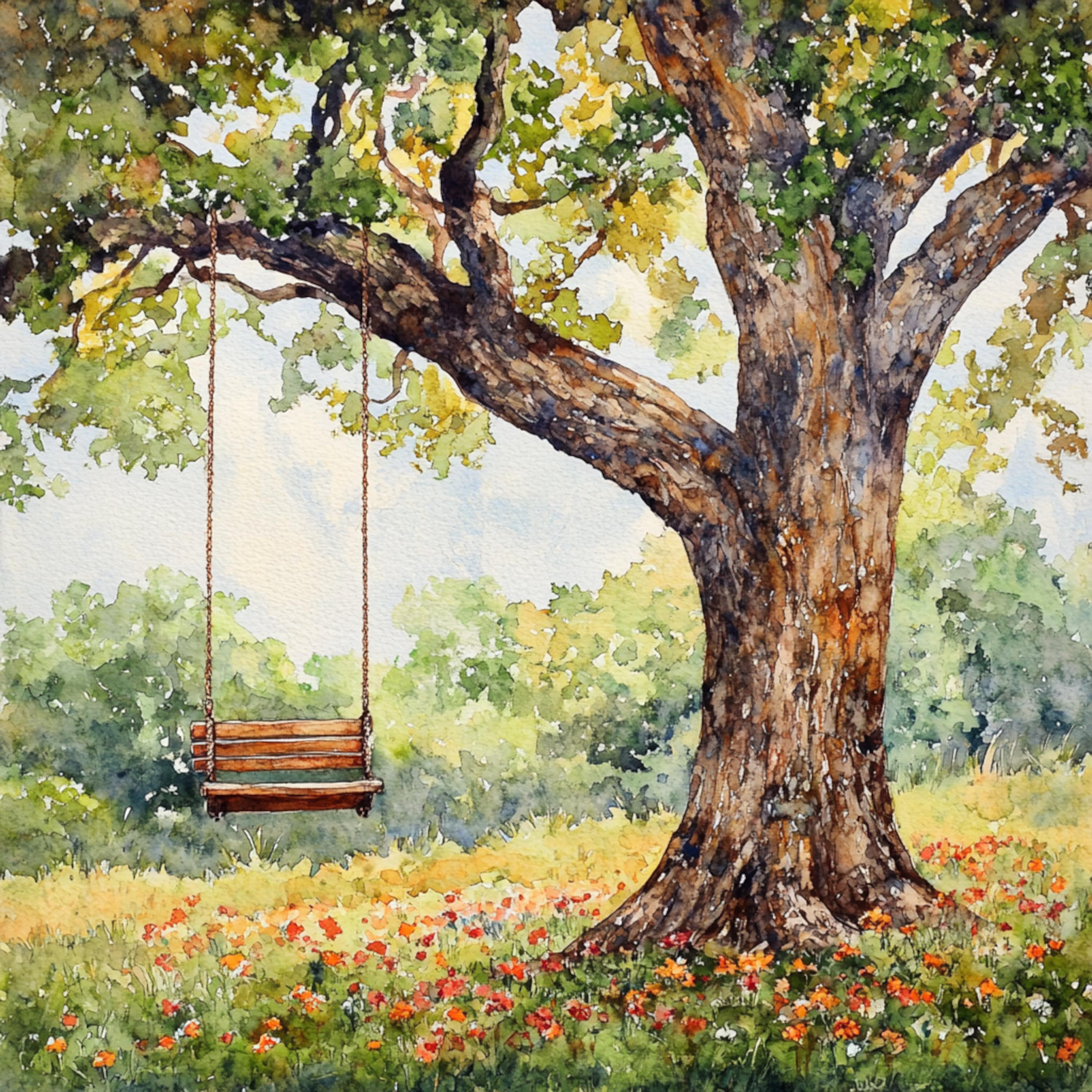 10 Printable Oak Tree and Swing, Watercolor Swing, Romantic Swing Art ...