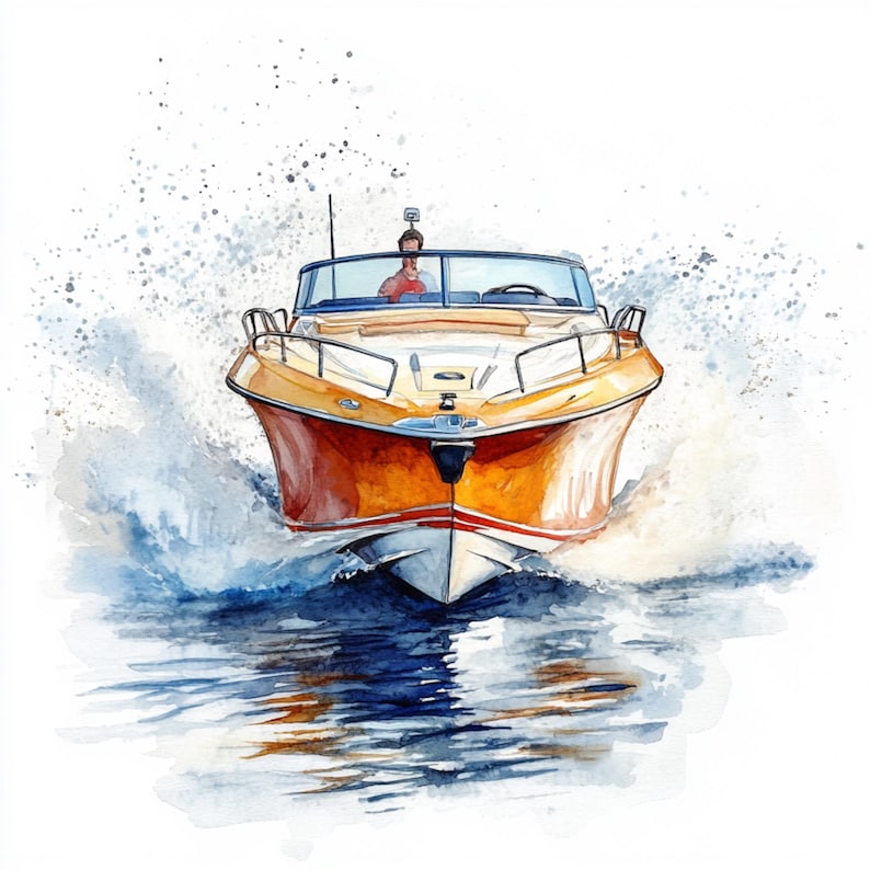 10 Printable Motor Boat, Boat Wtercolor Art, Motor Boat Print, Kids ...