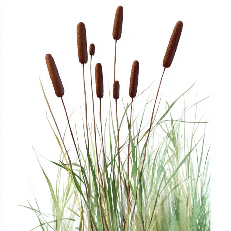10 Printable Cattail Grass Decor, Watercolor Cattail, Cattail Botanical ...
