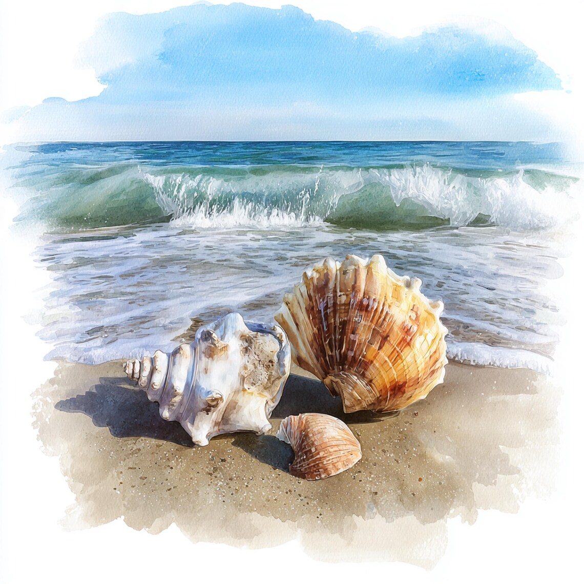 10 Printable Sea Shells and Waves Clipart, Seashell on Sand, Nautical ...