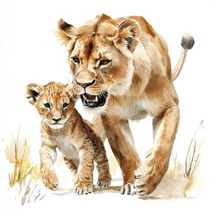 Printable Lioness and Baby Clipart, Watercolor Art, Lions Watercolor ...