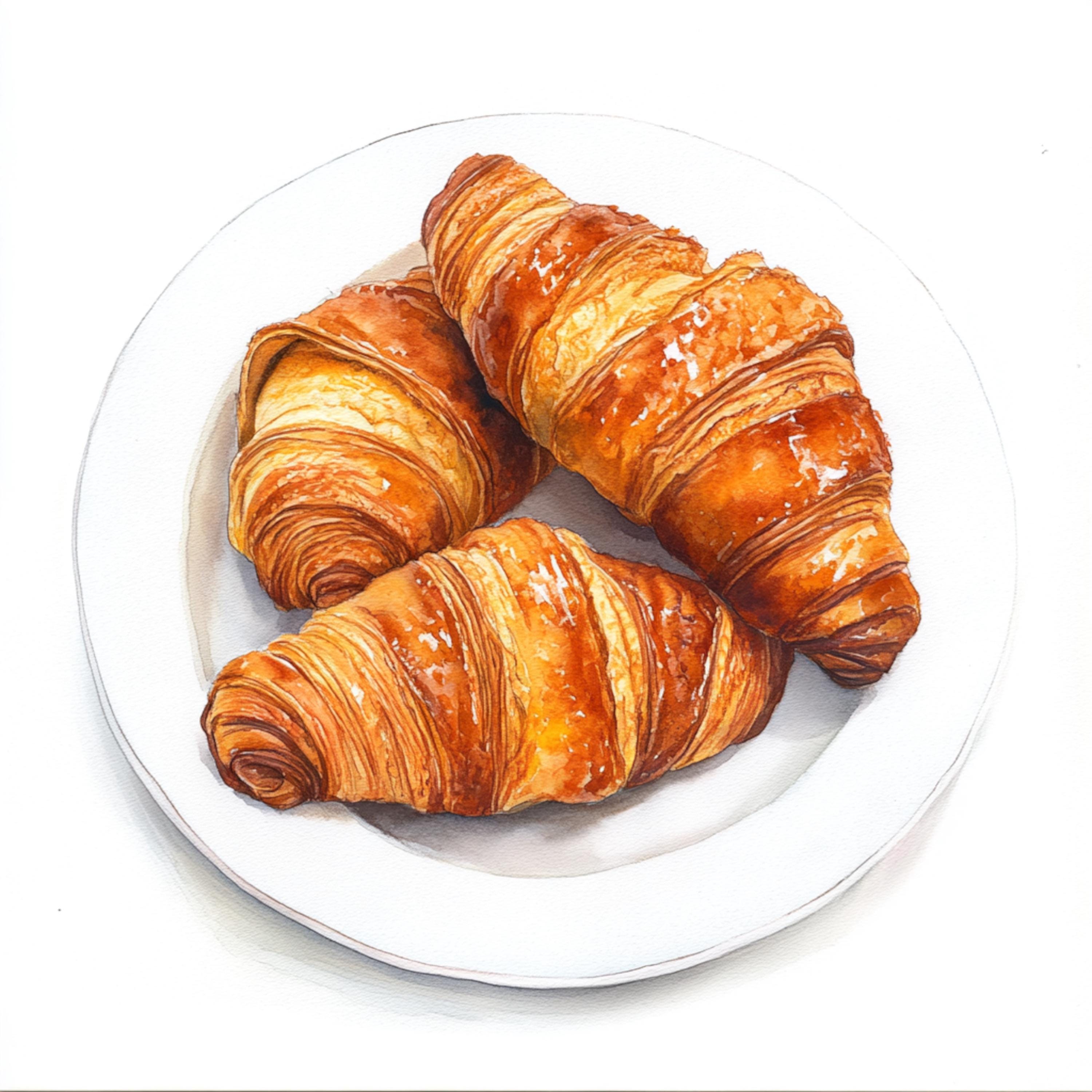 Printable Croissant Art, Watercolor Images, Croissants on Plate ...