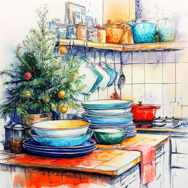 Printable Christmas Kitchen, Watercolor Art, Christmas Decor, 10 Clip ...