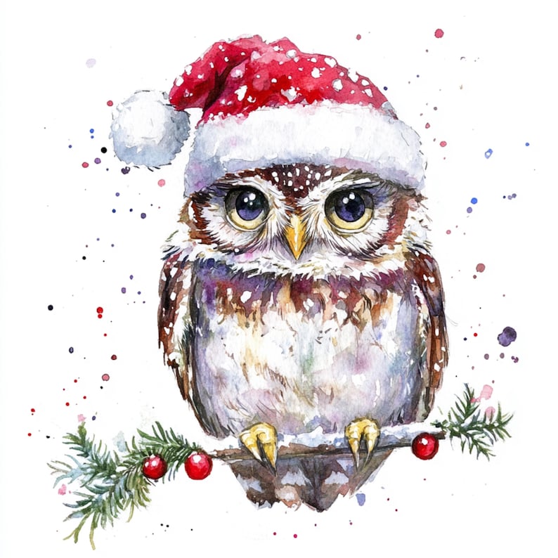 Printable Cute Owl Clipart, Watercolor Art, Santa Owl, Printable JPG ...