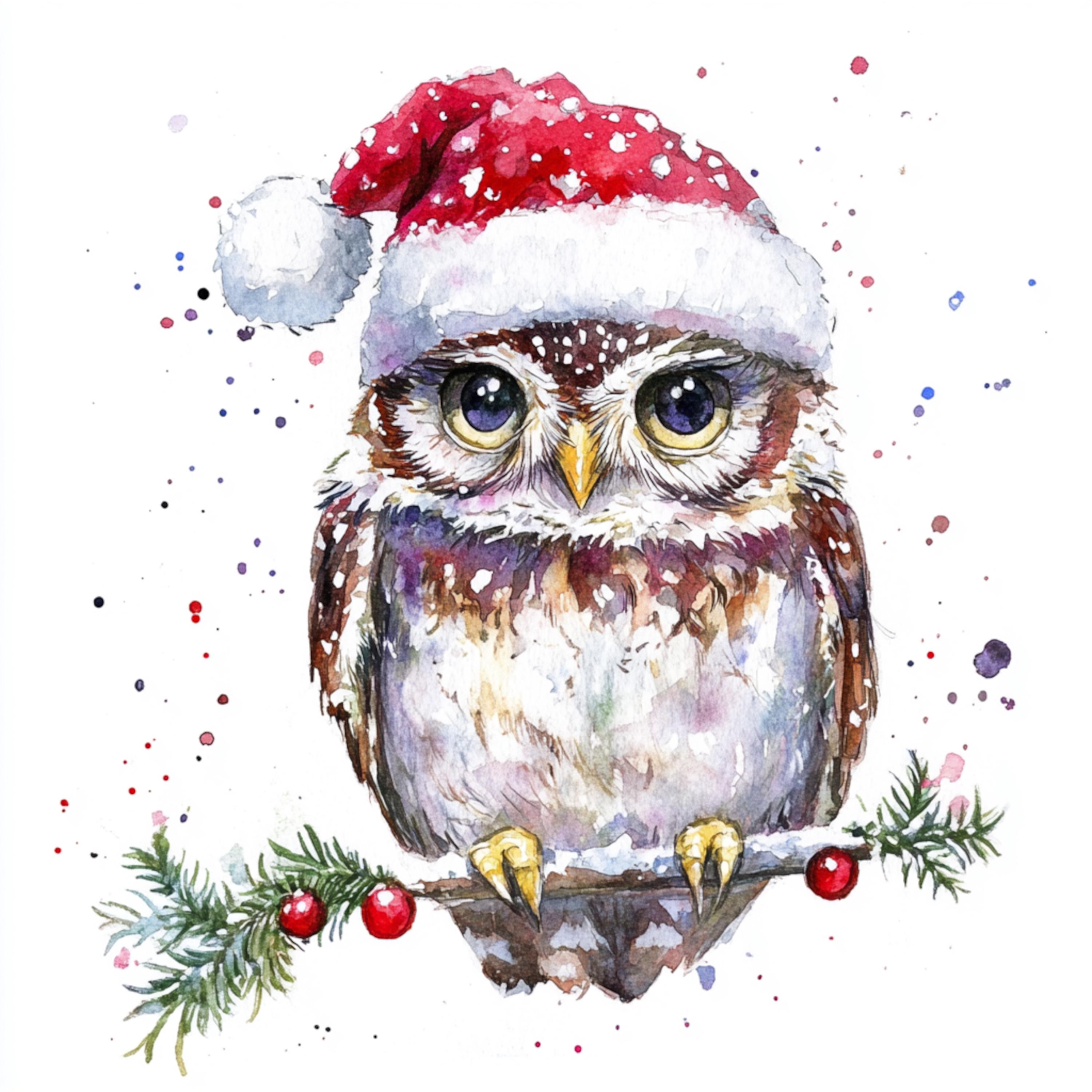 Printable Cute Owl Clipart, Watercolor Art, Santa Owl, Printable JPG ...