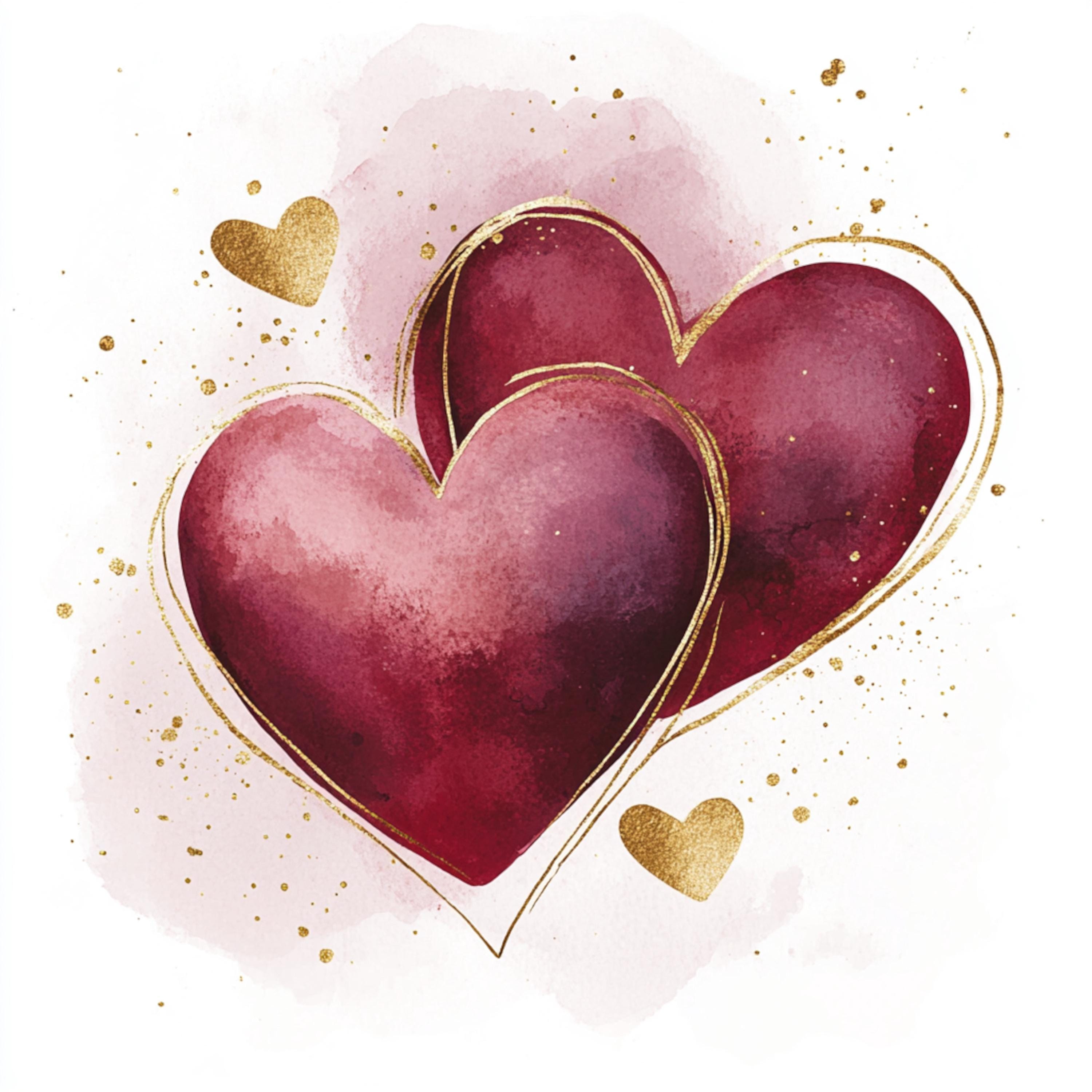 Printable Burgundy and Gold Hearts, Watercolor Burgundy Gold Hearts ...