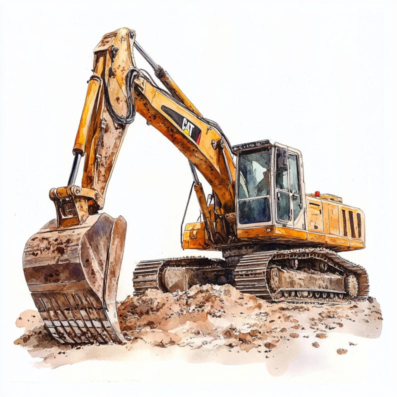 10 Printable Working Excavator, Excavator Wtercolor Art, Excavator ...