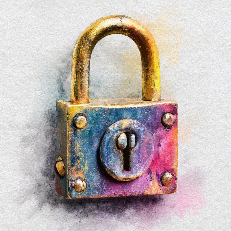 10 Printable Padlock, Watercolor Padlock, Rust Padlock Print, High ...