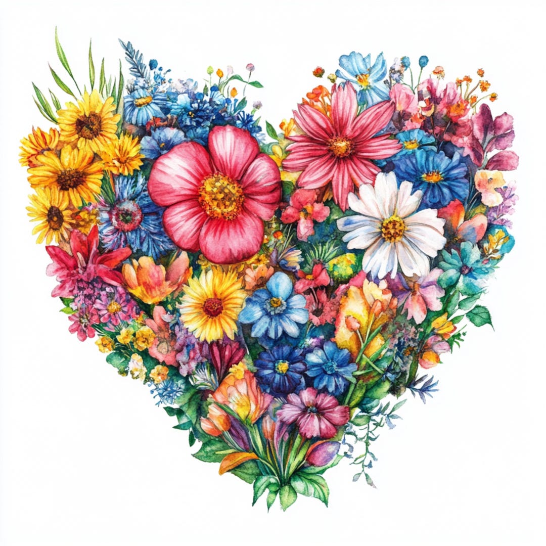 Printable Floral Heart Decor, Watercolor Colorfull Heart,commercial Use ...