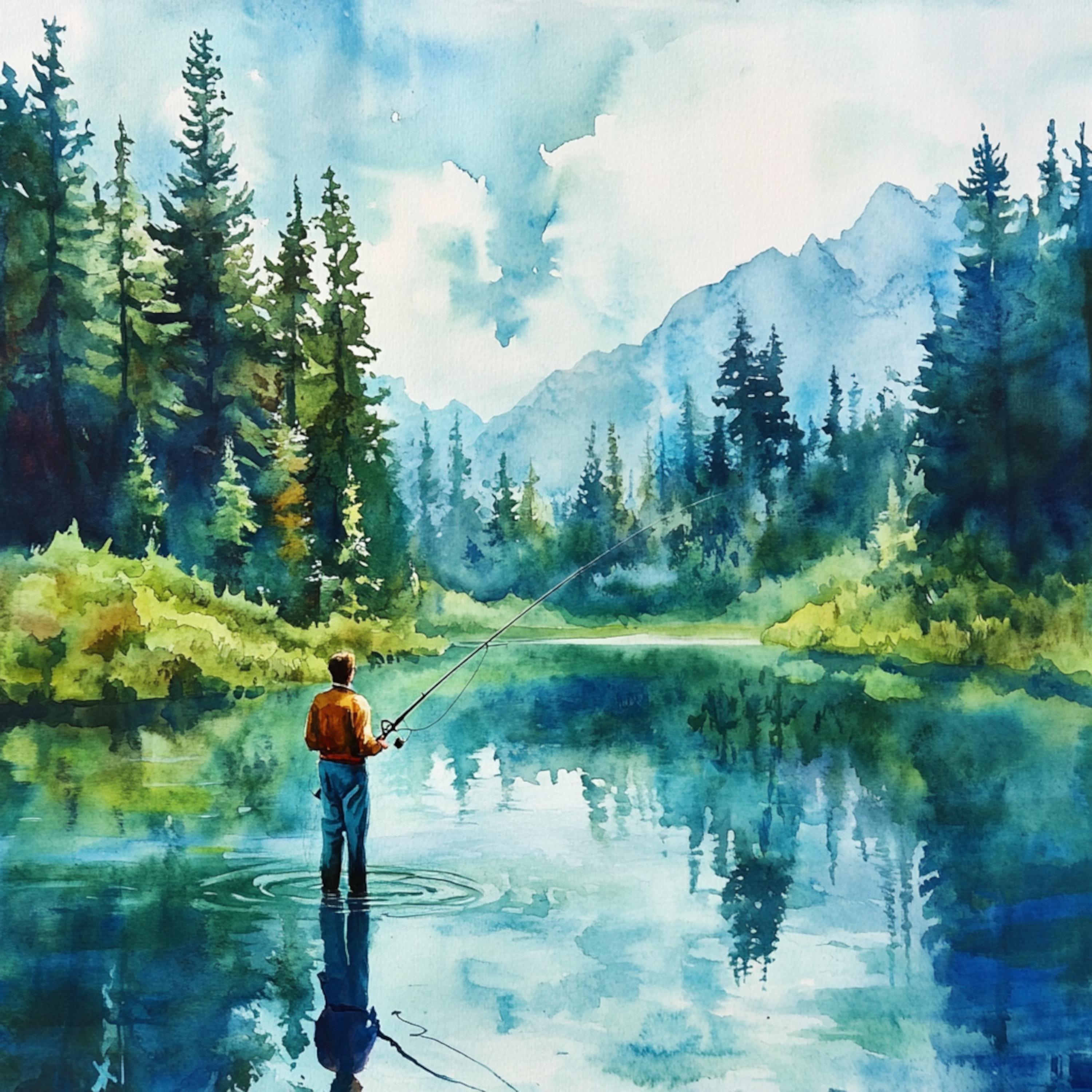 Printable Fishing Man, Fisherman on Forest Lake, Watercolor Clipart ...