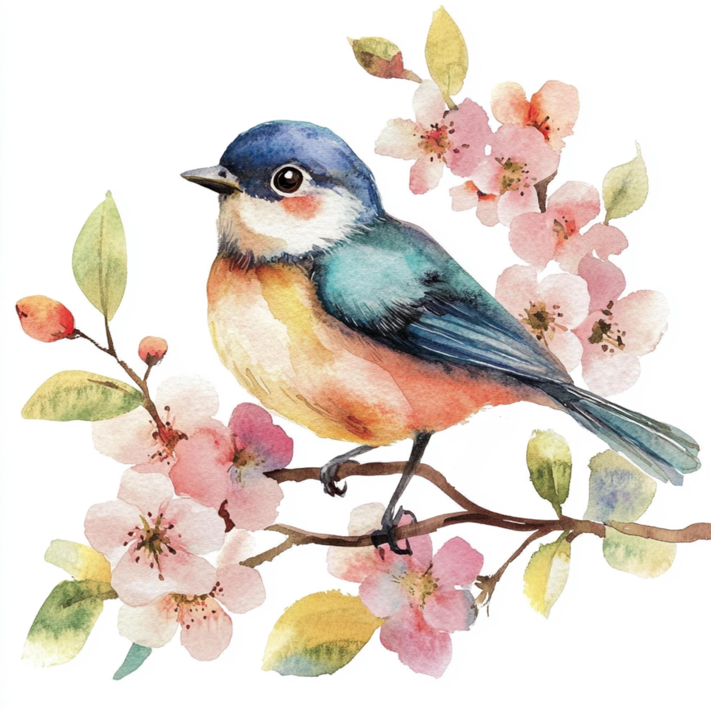 10 Printable Floral Birds, Watercolor Spring Birds, Bird on Blossom ...