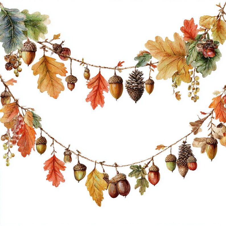 10 Printable Fall Leaves Garland, Watercolor Autumn Leaves, Botanical ...