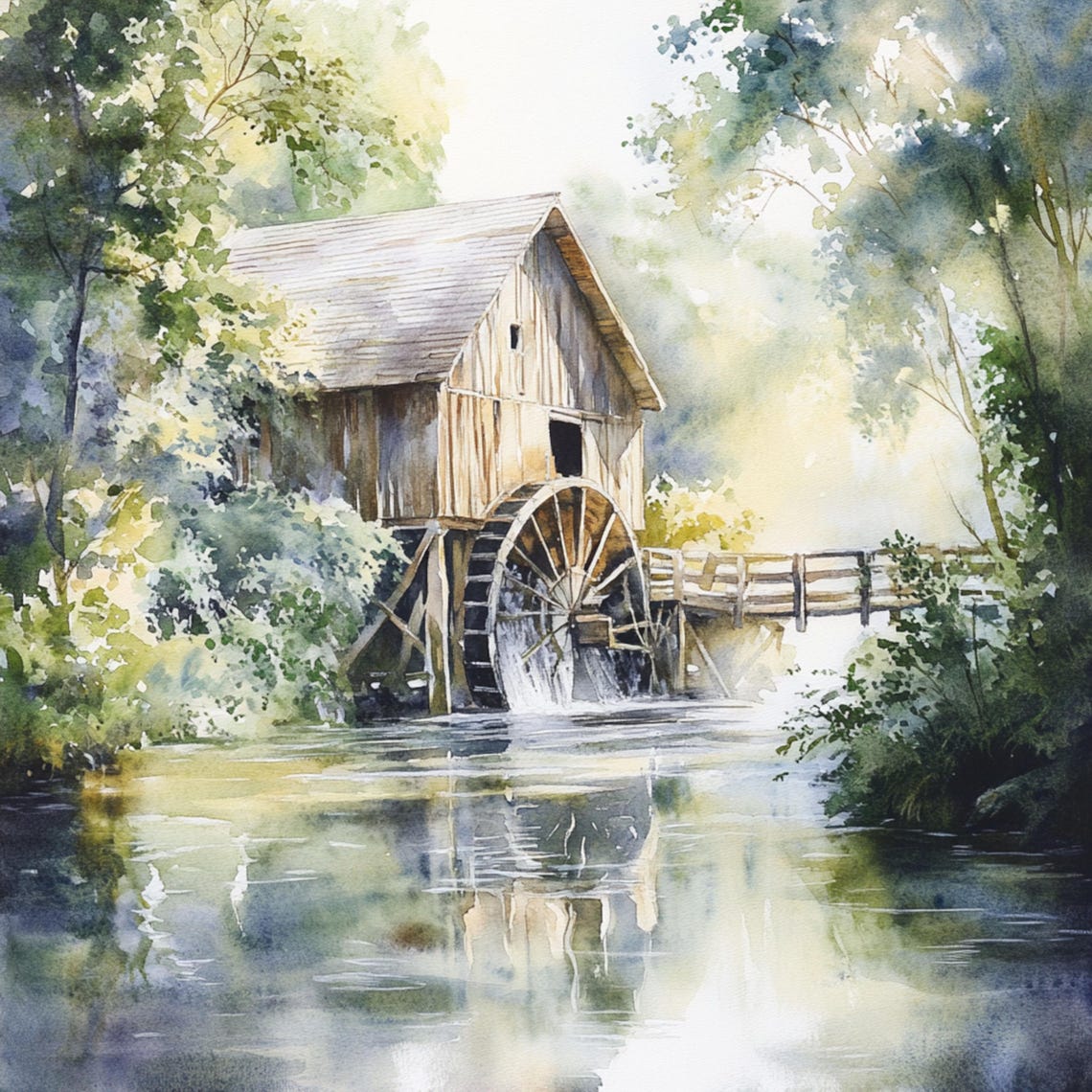 10 Printable Old Wooden Watermill, Watercolor Clipart, Watermill on ...