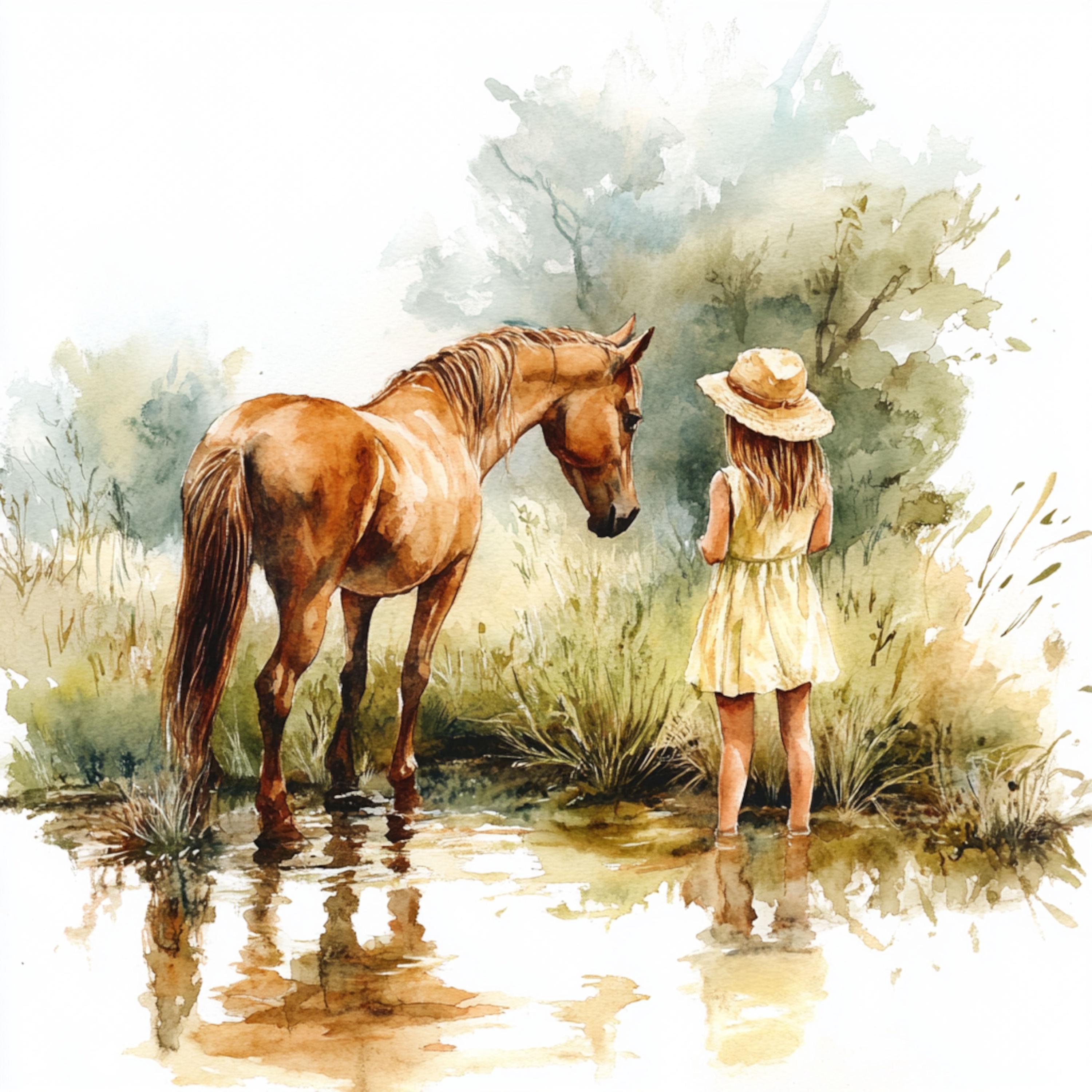 Printable Little Girl and Horse, Watercolor Girl and Ponny Art ...