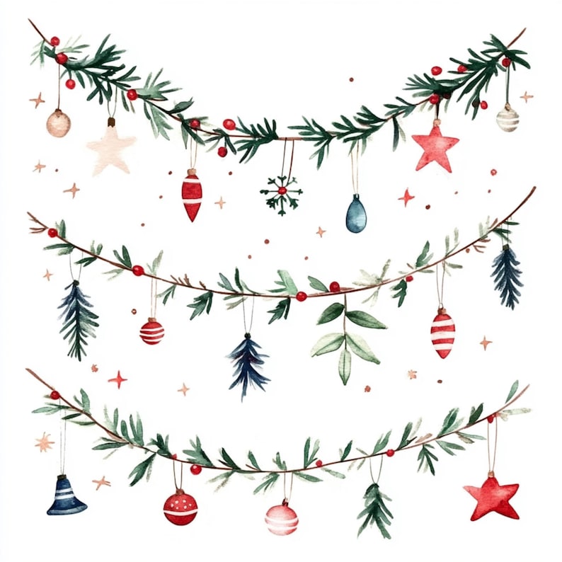 10 Printable Scandinavian Christmas Garland, Watercolor Style ...