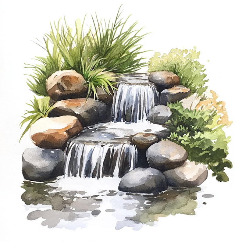 10 Printable Waterfall, Watercolor Waterfall, Garden Waterfall, Rustic ...
