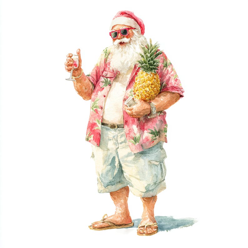 12 Printable Beachy Christmas, Watercolor Tropical Santa Claus, Coastal ...