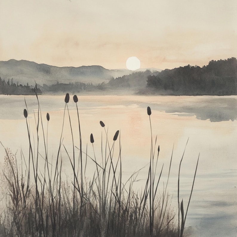 10 Printable Lake Landscape, Minimalist Landscape, Foggy Lake ...