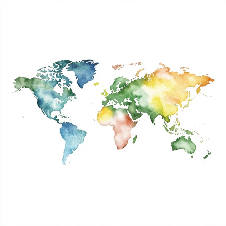 World Map Watercolor Art, World Map Clipart, 10 Clip Art, Printable JPG ...