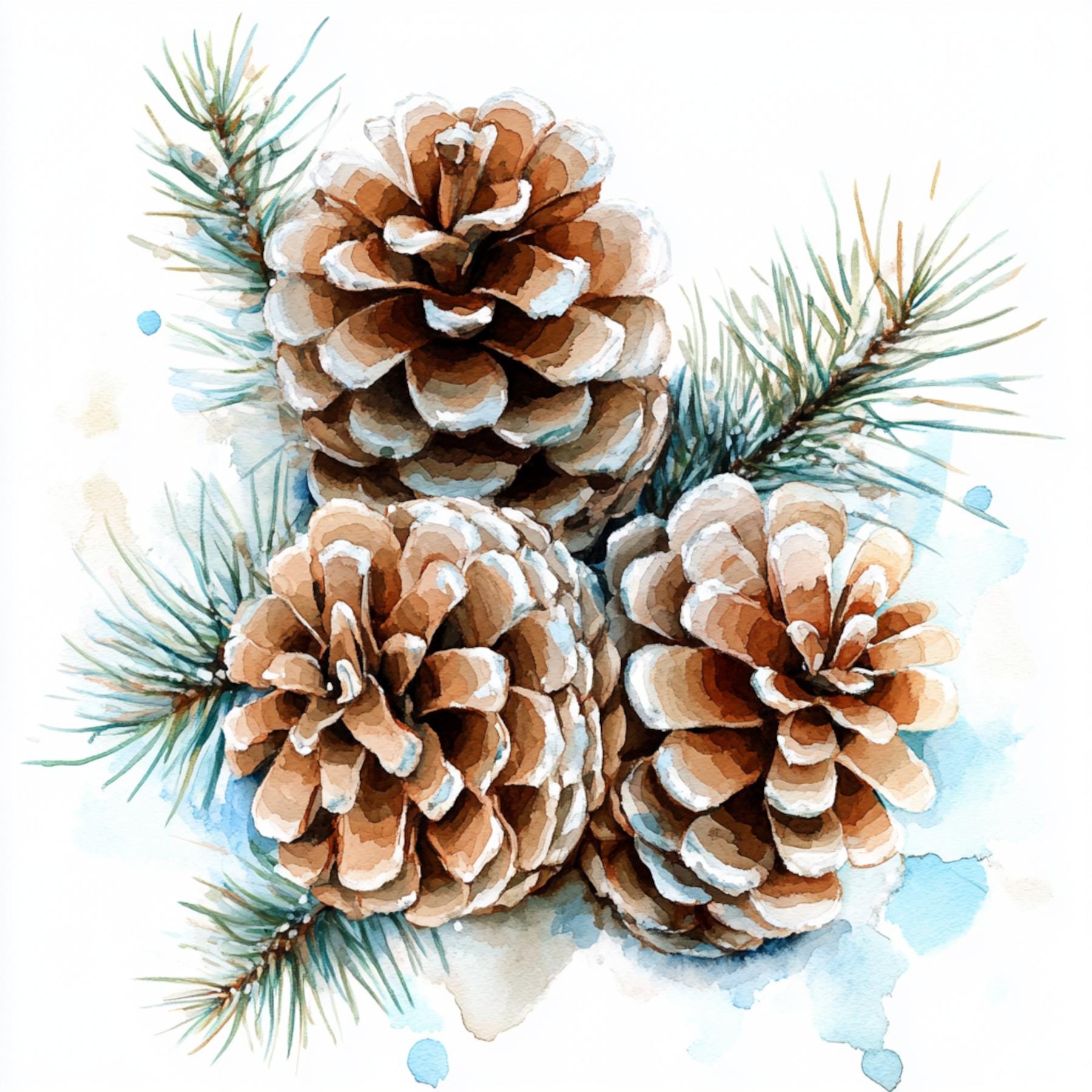 Snowy Pine Cone Art, Pine Cone Branch, Watercolor Style, 10 Clip Art ...