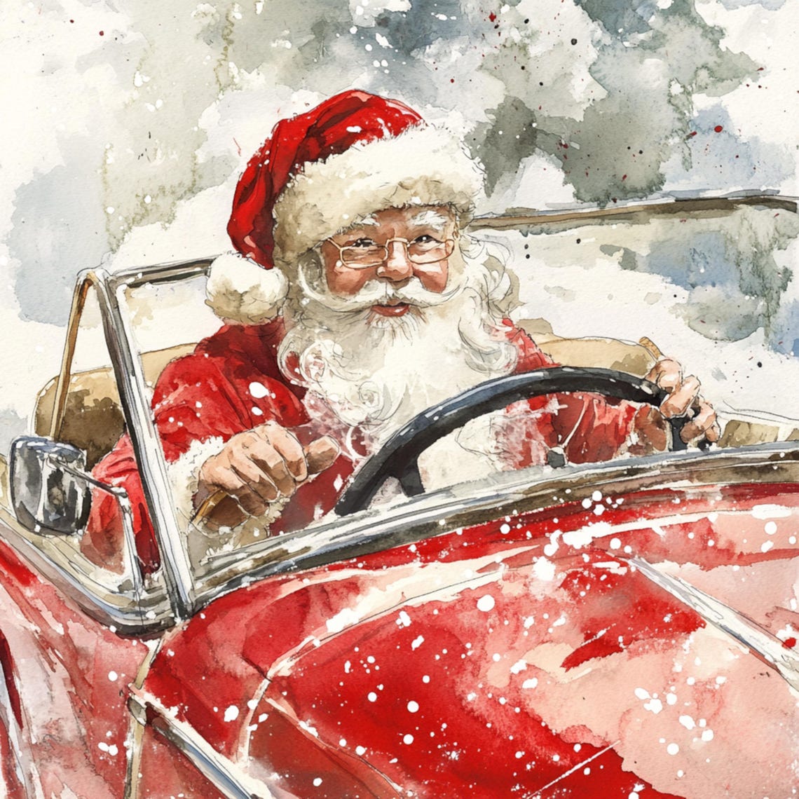 Santa in Red Car, Watercolor Santa Driver Clipart, Christmas Clipart ...