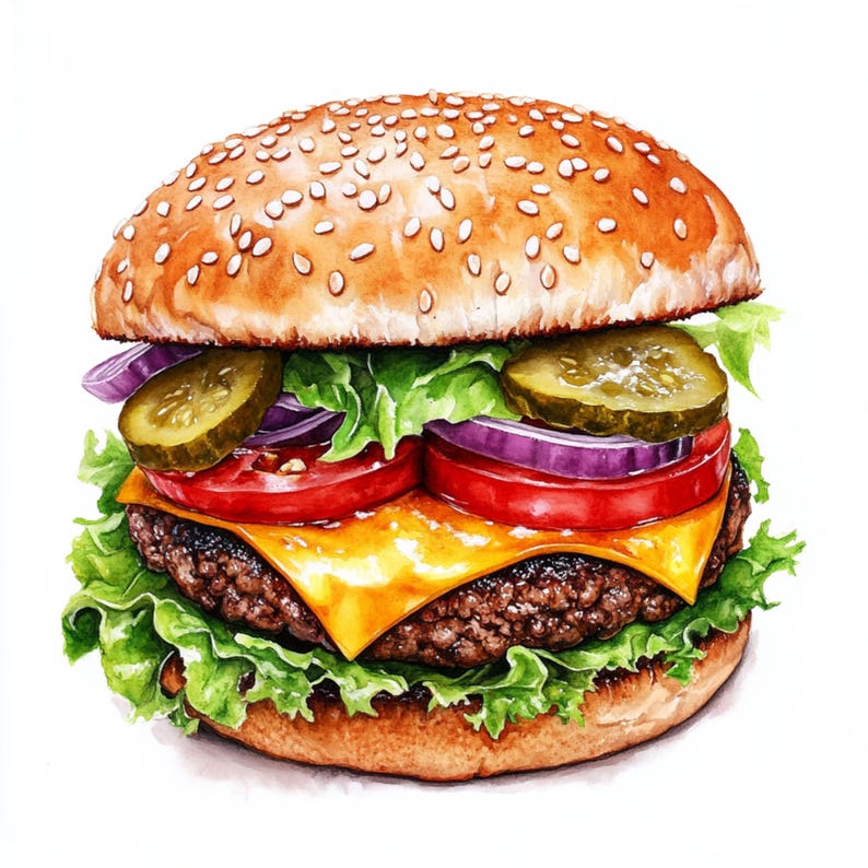 10 Printable Cheeseburger Art, Watercolor Cheeseburger Decor, Tasty ...