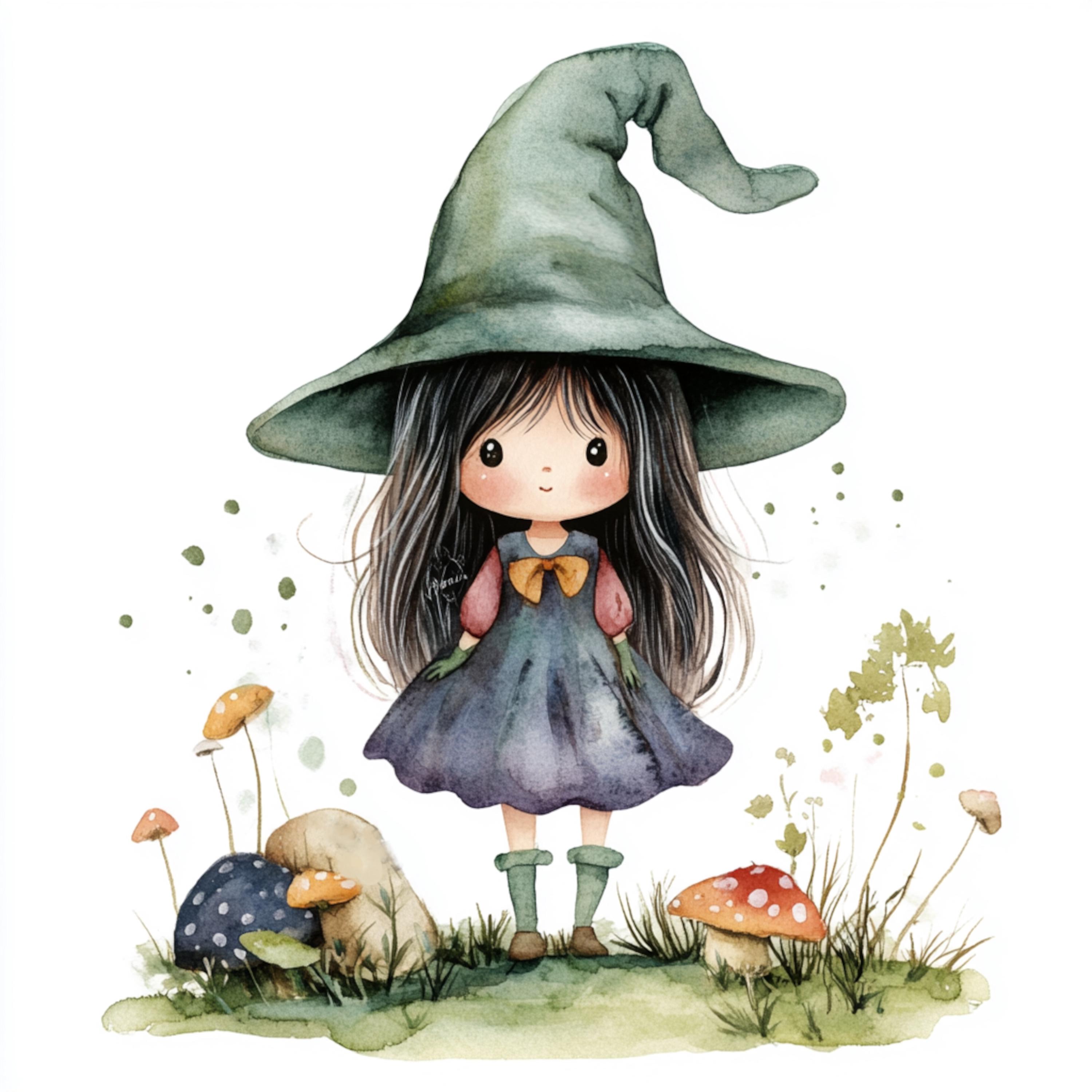 10 Printable Witch, Beautiful Little Witch, Halloween Witch, Watercolor ...