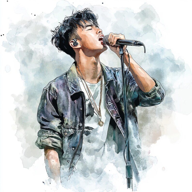 Watercolor Singing Asian Man, Young Singer, Asian Boy Art, Watercolor ...