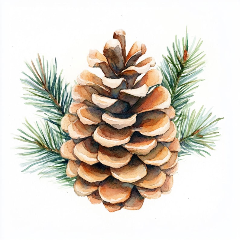 Snowy Pine Cone Art, Pine Cone Branch, Watercolor Style, 10 Clip Art ...