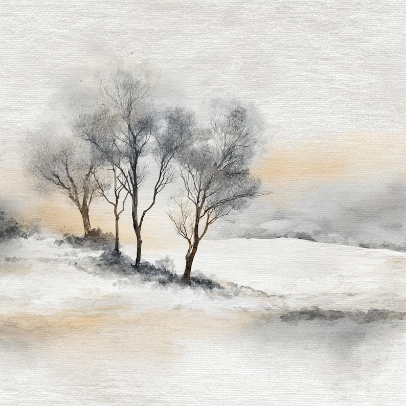 12 Printable Delicate Winter Landscape, Watercolor Art, Textured Winter ...