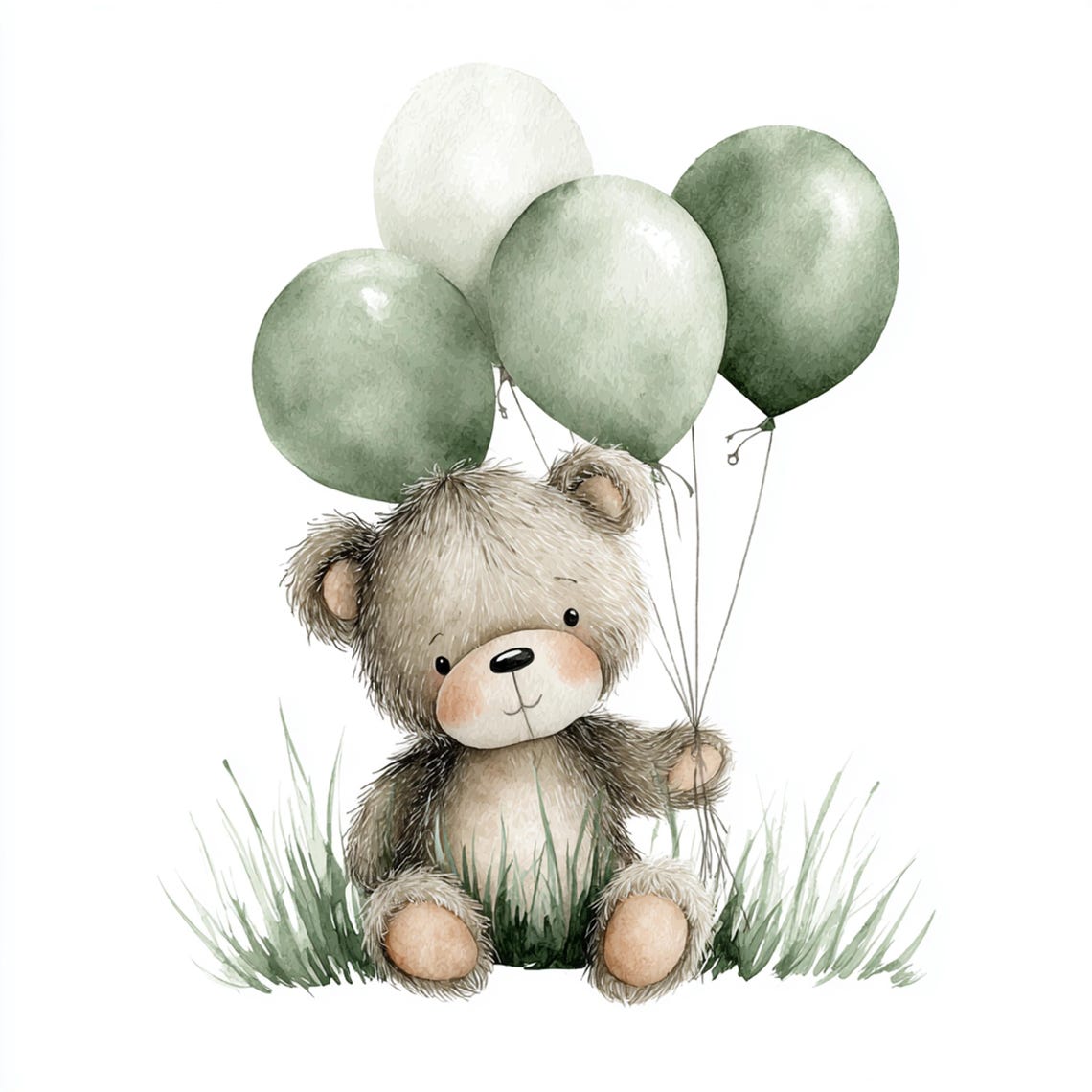 13 Printable Green Teddy Bear Clipart, Watercolor Balloons Bundle, Sage ...