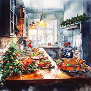 Printable Christmas Kitchen, Watercolor Art, Christmas Decor, 10 Clip ...