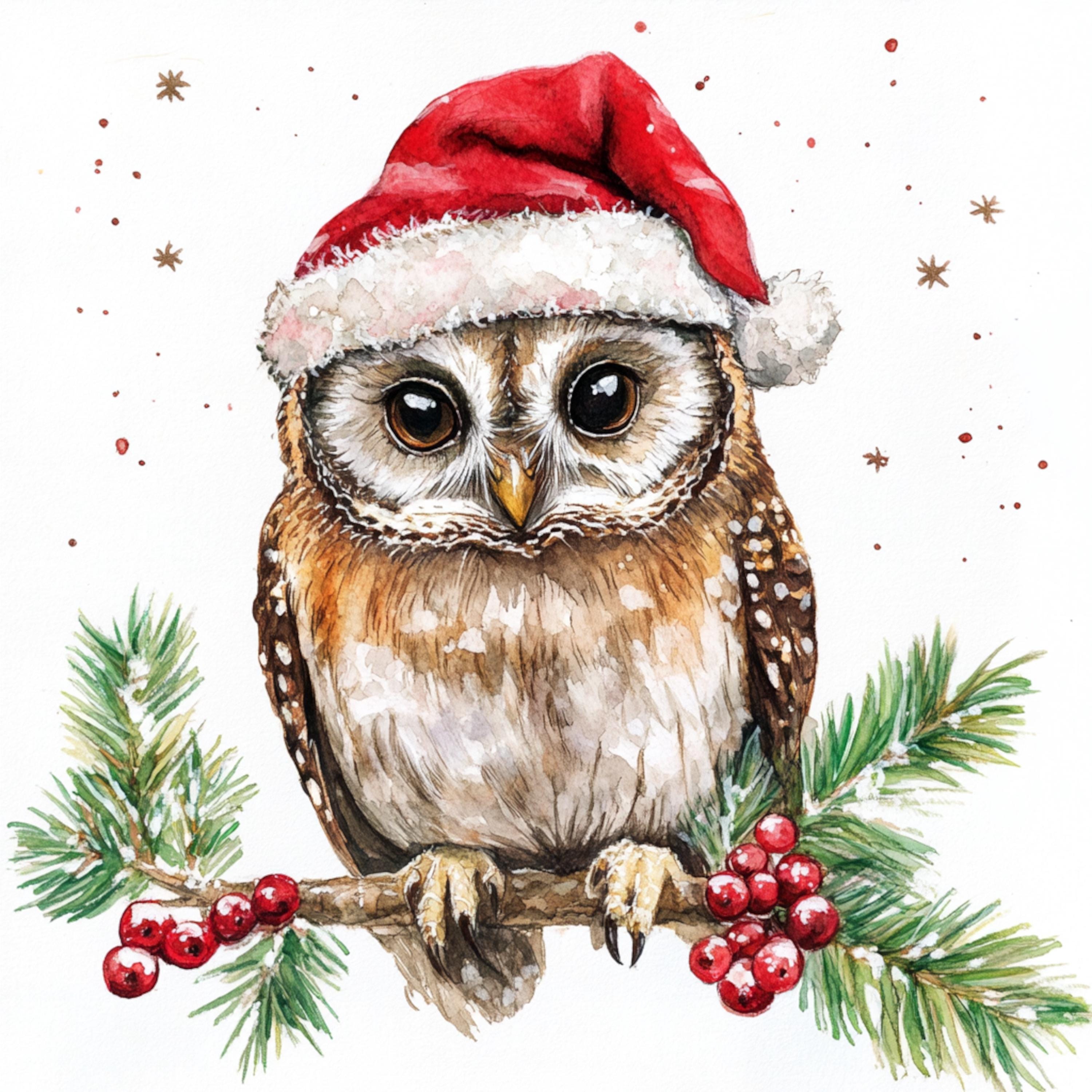10 Printable Cute Owl Clipart, Watercolor Art, Santa Owl, Printable JPG ...