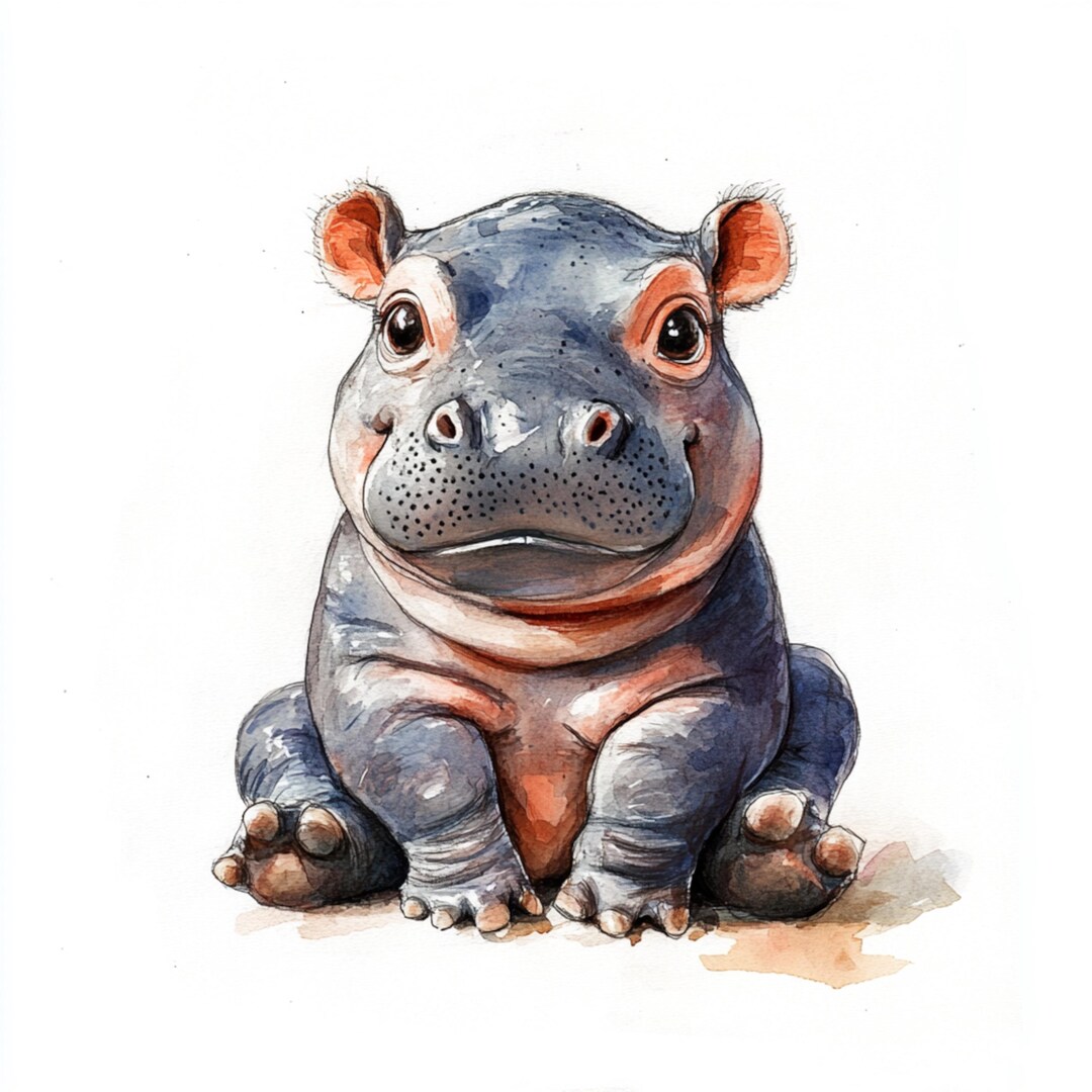 Printable Little Hippo, Watercolor Baby Hippo, 10 Cute Clipart ...