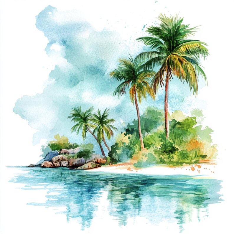 Printable Tropical Island, Watercolor Art, Island Coast Print, 10 Clip ...