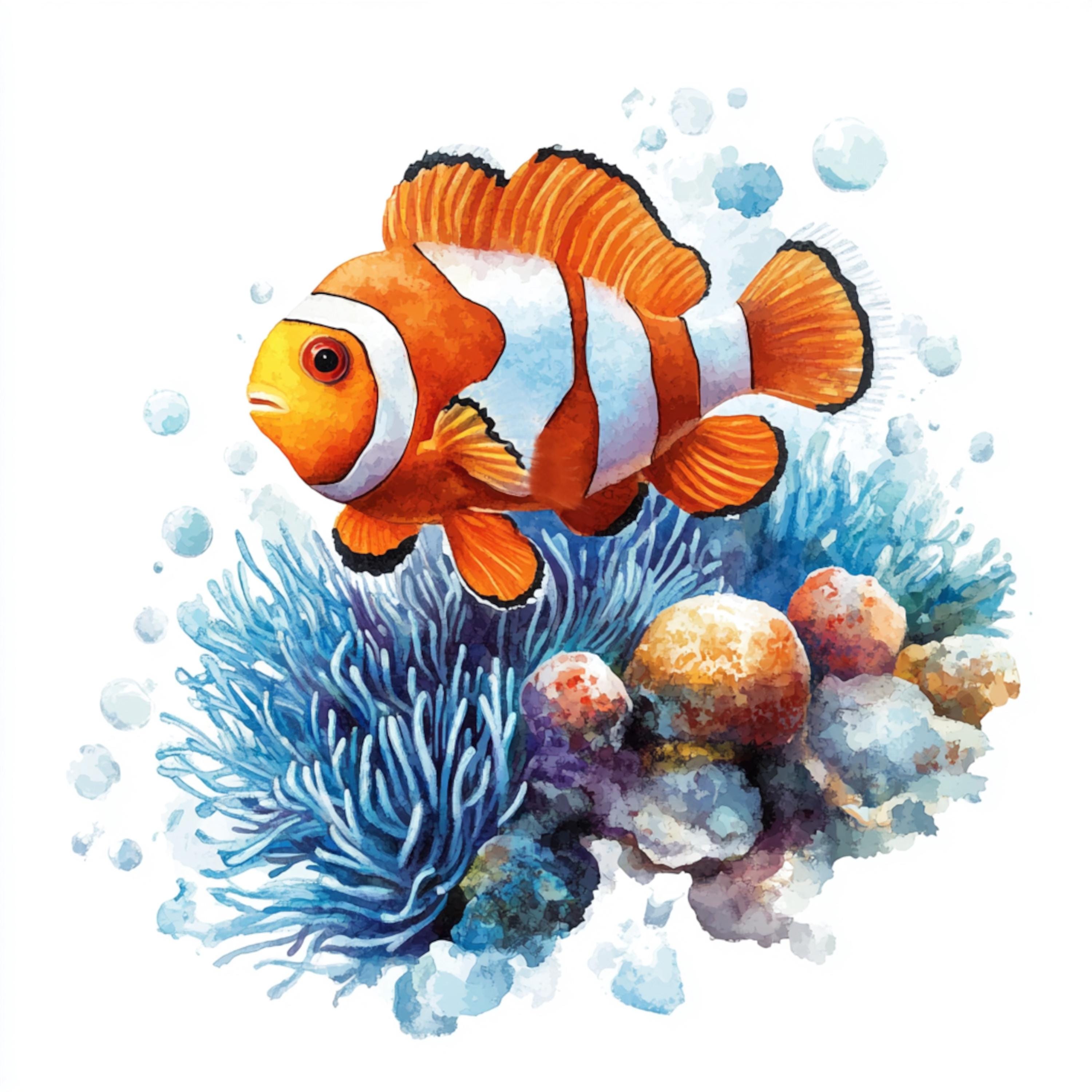 10 Printable Clownfish Clipart, Clownfish Watercolor, Nautical Print ...