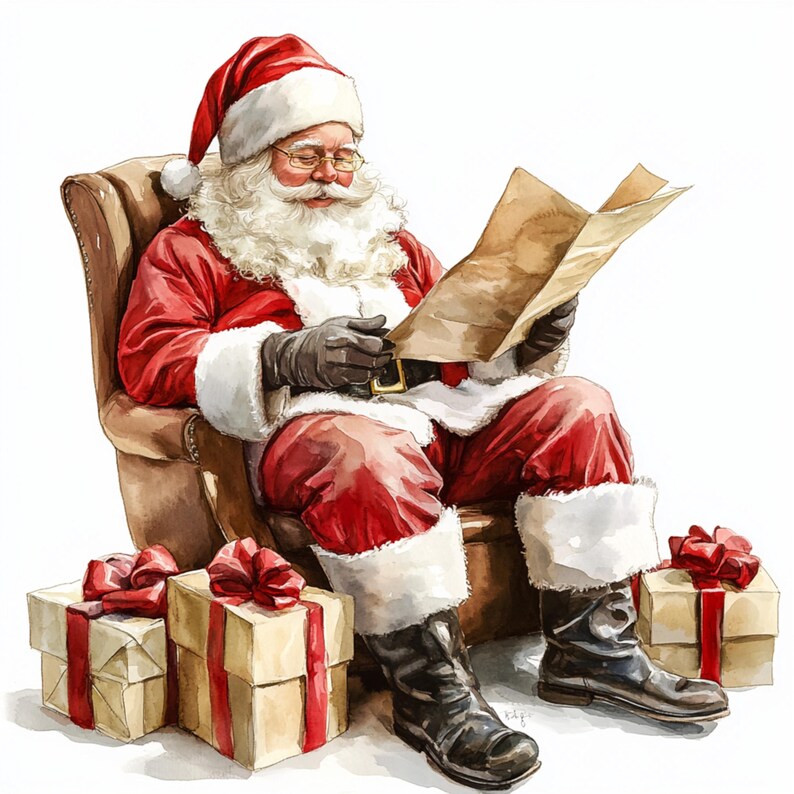 Printable Santa Reading Letters, Watercolor Santa Clipart, Christmas ...