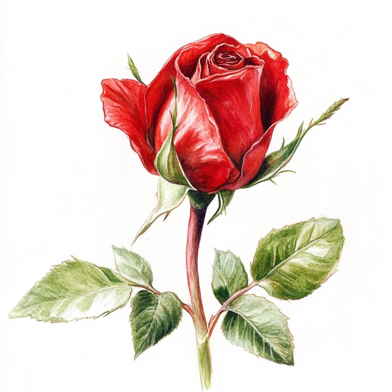 10 Printable Red Rose Arts, Watercolor Rose Bud, Rose Bud Botanical Art ...