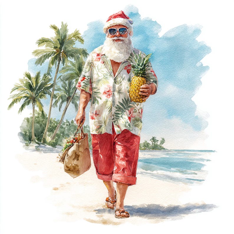 12 Printable Beachy Christmas, Watercolor Tropical Santa Claus, Coastal ...