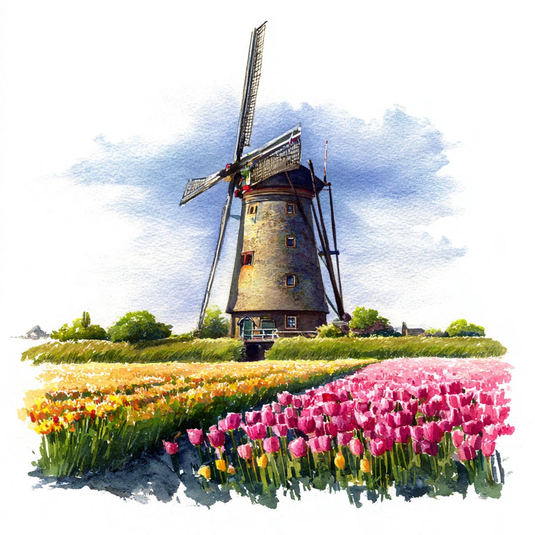 12 Printable Windmills, Watercolor Windmill and Tulip Fields Clipart ...